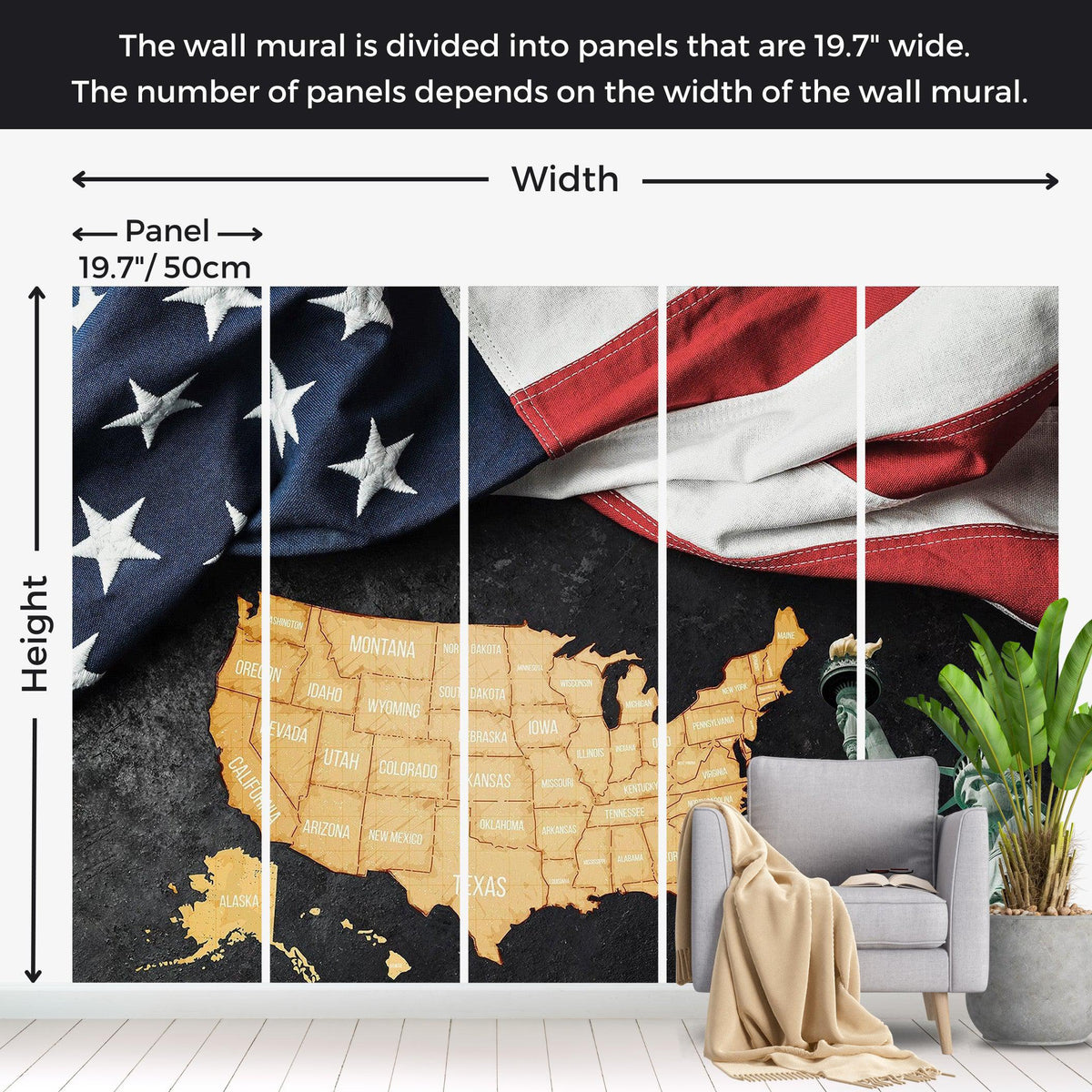 Americana Wallpaper Wall Mural - USA Map, Flag & Statue – Tiptophomedecor