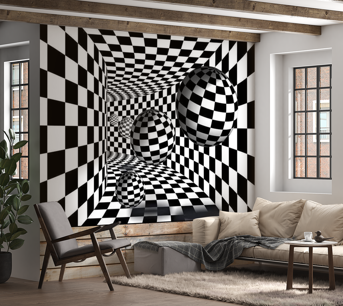 3D Illusion Wallpaper Wall Mural - Checkered Corridor – Tiptophomedecor