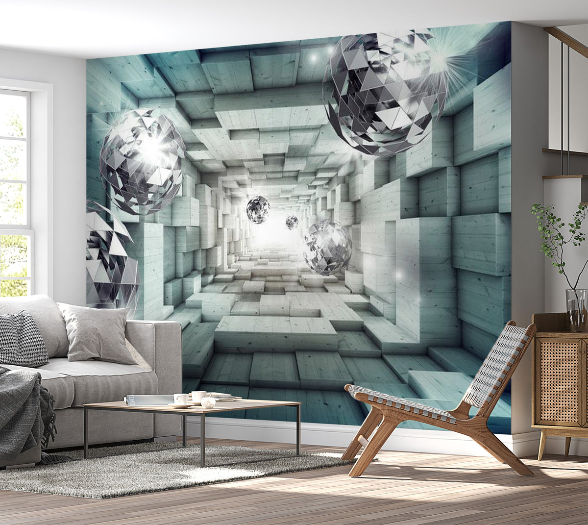3D Illusion Wallpaper Wall Mural - Perspective Play Blue – Tiptophomedecor