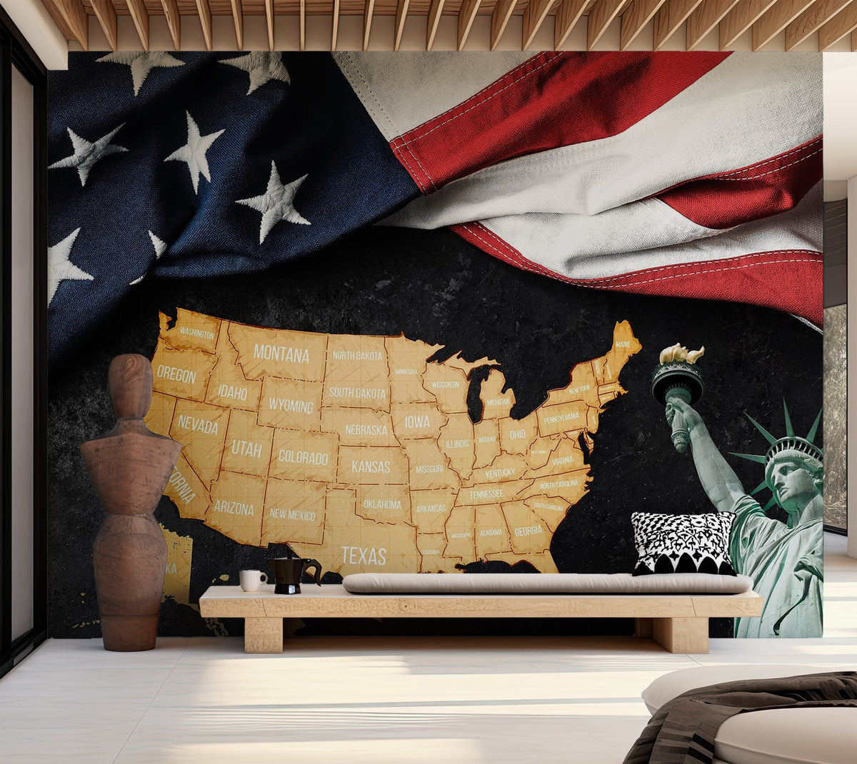 Americana Wallpaper Wall Mural - USA Map, Flag & Statue – Tiptophomedecor